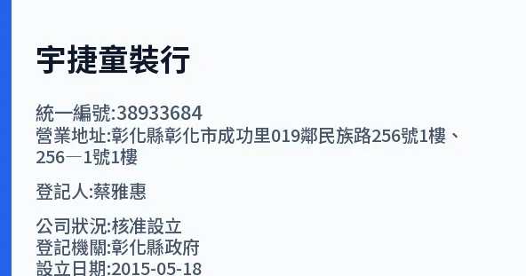 宇捷童裝行的照片-統編 38933684(彰化縣) 公司登記資料與營業項目詳細圖表