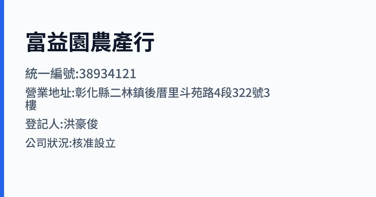 富益園農產行 - 統編 38934121（彰化縣） 公司登記資料與營業項目詳細圖表