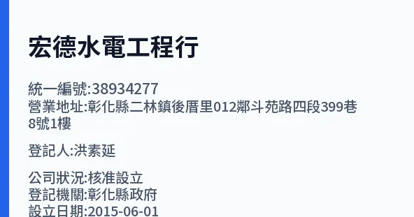 宏德水電工程行的照片-統編 38934277(彰化縣) 公司登記資料與營業項目詳細圖表