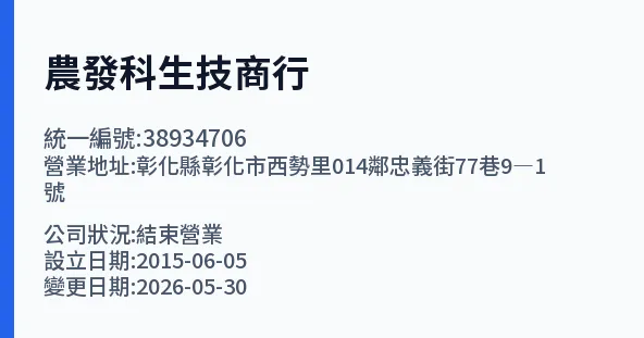 農發科生技商行的照片-統編 38934706(彰化縣) 公司登記資料與營業項目詳細圖表