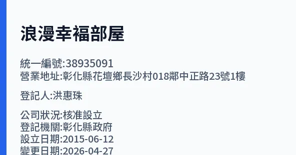 浪漫幸褔部屋的照片-統編 38935091(彰化縣) 公司登記資料與營業項目詳細圖表