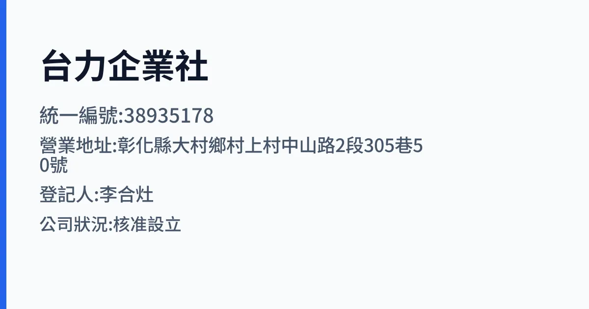 台力企業社 - 統編 38935178(彰化縣) 公司登記資料與營業項目詳細圖表