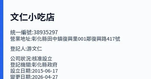 文仁小吃店的照片-統編 38935297(彰化縣) 公司登記資料與營業項目詳細圖表