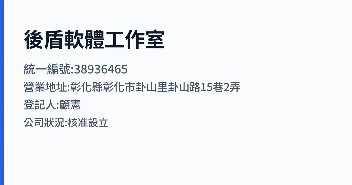 後盾軟體工作室 - 統編 38936465(彰化縣) 公司登記資料與營業項目詳細圖表