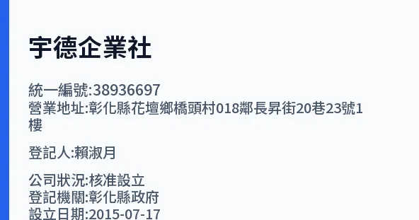 宇德企業社的照片-統編 38936697(彰化縣) 公司登記資料與營業項目詳細圖表