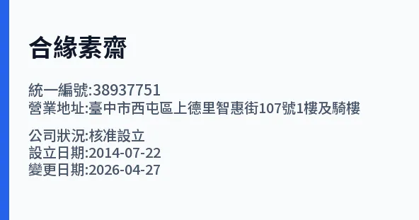 合緣素齋的照片-統編 38937751(臺中市) 公司登記資料與營業項目詳細圖表