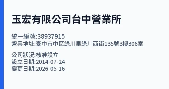 玉宏有限公司台中營業所的照片-統編 38937915(臺中市) 公司登記資料與營業項目詳細圖表