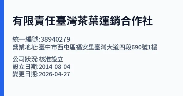 有限責任臺灣茶葉運銷合作社的照片-統編 38940279(臺中市) 公司登記資料與營業項目詳細圖表