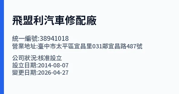 飛盟利汽車修配廠的照片-統編 38941018(臺中市) 公司登記資料與營業項目詳細圖表