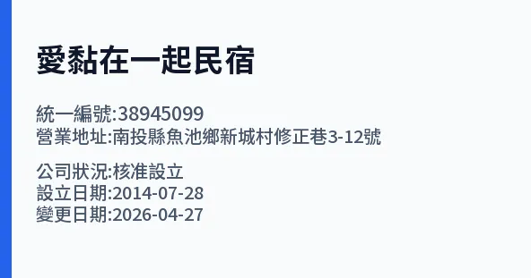 愛黏在一起民宿的照片-統編 38945099(南投縣) 公司登記資料與營業項目詳細圖表