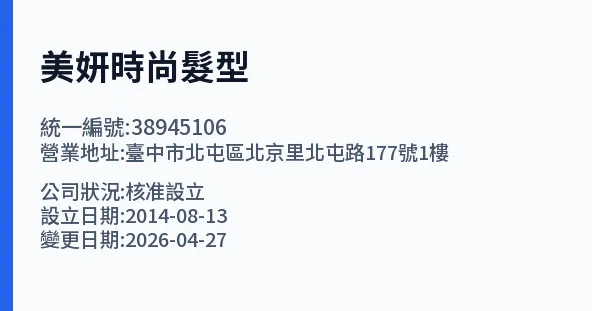 美妍時尚髮型的照片-統編 38945106(臺中市) 公司登記資料與營業項目詳細圖表