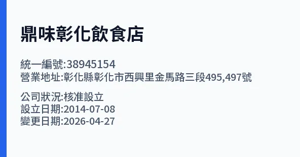 鼎味彰化飲食店的照片-統編 38945154(彰化縣) 公司登記資料與營業項目詳細圖表