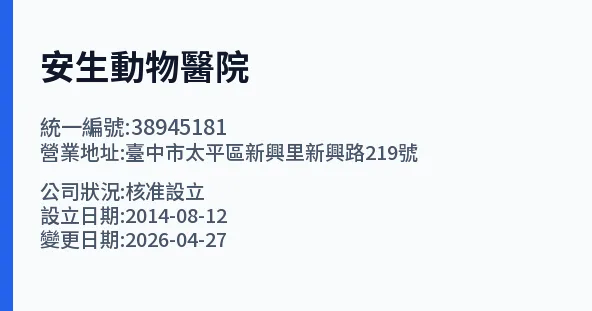 安生動物醫院的照片-統編 38945181(臺中市) 公司登記資料與營業項目詳細圖表