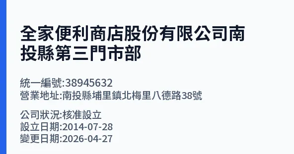 全家便利商店股份有限公司南投縣第三門市部的照片-統編 38945632(南投縣) 公司登記資料與營業項目詳細圖表