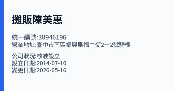 攤販陳美惠的照片-統編 38946196(臺中市) 公司登記資料與營業項目詳細圖表