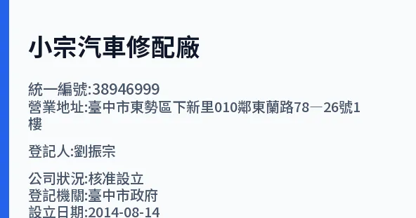 小宗汽車修配廠的照片-統編 38946999(臺中市) 公司登記資料與營業項目詳細圖表