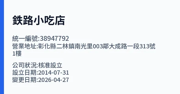 鉄路小吃店的照片-統編 38947792(彰化縣) 公司登記資料與營業項目詳細圖表