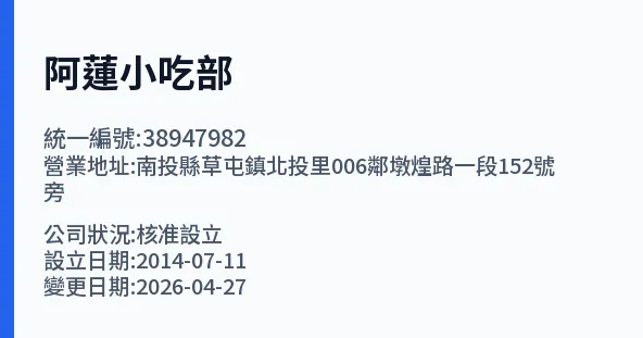 阿蓮小吃部的照片-統編 38947982(南投縣) 公司登記資料與營業項目詳細圖表