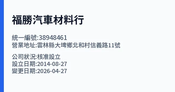 福勝汽車材料行的照片-統編 38948461(雲林縣) 公司登記資料與營業項目詳細圖表