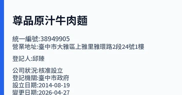 尊品原汁牛肉麵的照片-統編 38949905(臺中市) 公司登記資料與營業項目詳細圖表