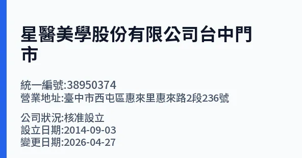 星醫美學股份有限公司台中門市的照片-統編 38950374(臺中市) 公司登記資料與營業項目詳細圖表