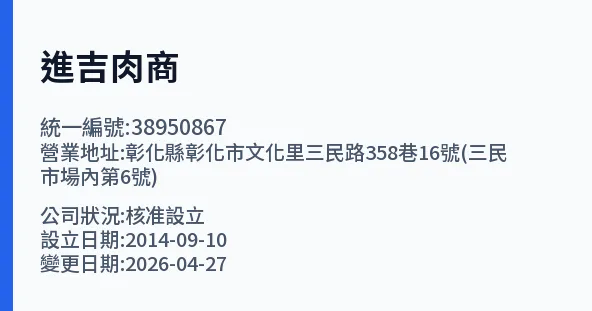 進吉肉商的照片-統編 38950867(彰化縣) 公司登記資料與營業項目詳細圖表