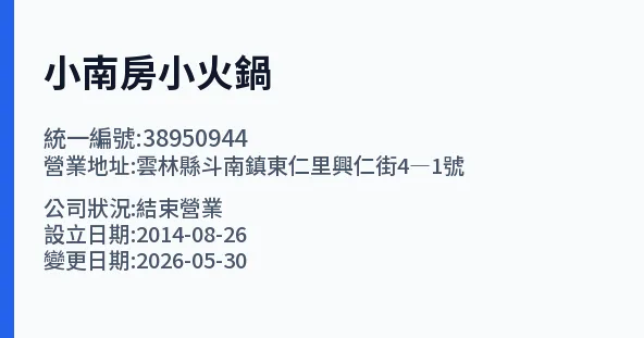 小南房小火鍋的照片-統編 38950944(雲林縣) 公司登記資料與營業項目詳細圖表