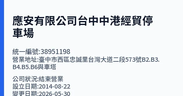 應安有限公司台中中港經貿停車場的照片-統編 38951198(臺中市) 公司登記資料與營業項目詳細圖表