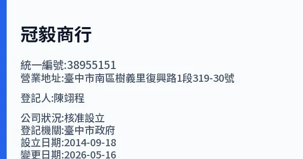 冠毅商行的照片-統編 38955151(臺中市) 公司登記資料與營業項目詳細圖表