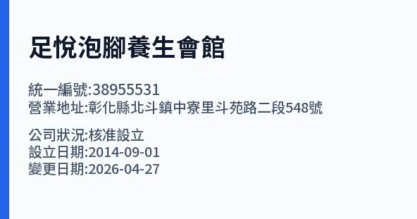 足悅泡腳養生會館的照片-統編 38955531(彰化縣) 公司登記資料與營業項目詳細圖表