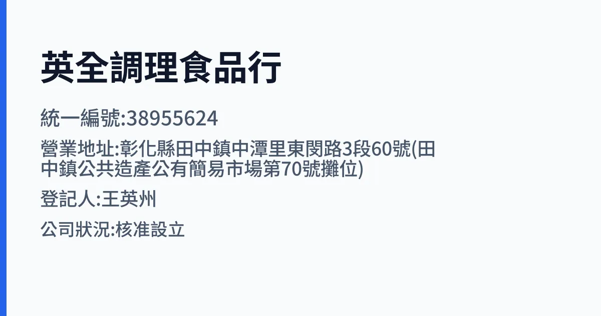 英全調理食品行 - 統編 38955624(彰化縣) 公司登記資料與營業項目詳細圖表