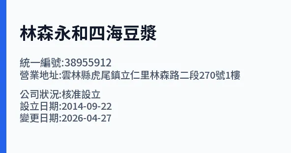林森永和四海豆漿的照片-統編 38955912(雲林縣) 公司登記資料與營業項目詳細圖表
