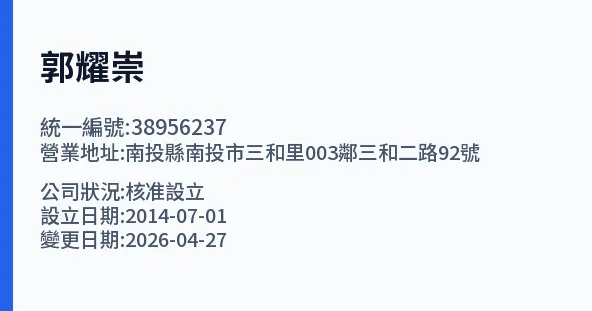 郭耀崇的照片-統編 38956237(南投縣) 公司登記資料與營業項目詳細圖表