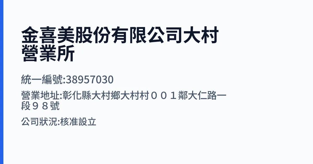 金喜美股份有限公司大村營業所 - 統編 38957030(彰化縣) 公司登記資料與營業項目詳細圖表