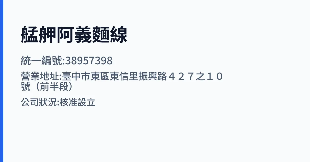 艋舺阿義麵線 - 統編 38957398(臺中市) 公司登記資料與營業項目詳細圖表