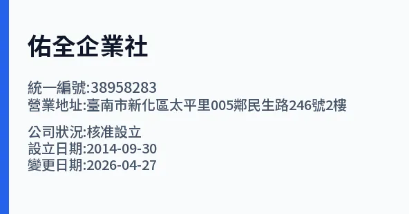 佑全企業社的照片-統編 38958283(臺南市) 公司登記資料與營業項目詳細圖表