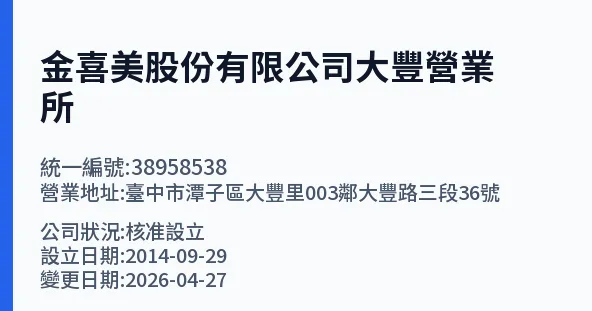 金喜美股份有限公司大豐營業所的照片-統編 38958538(臺中市) 公司登記資料與營業項目詳細圖表
