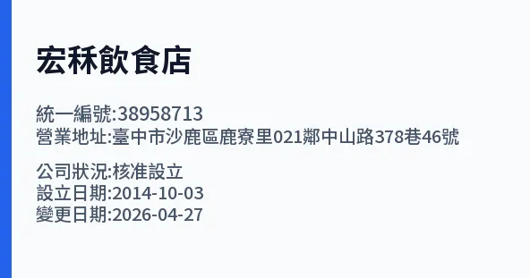宏秝飲食店的照片-統編 38958713(臺中市) 公司登記資料與營業項目詳細圖表