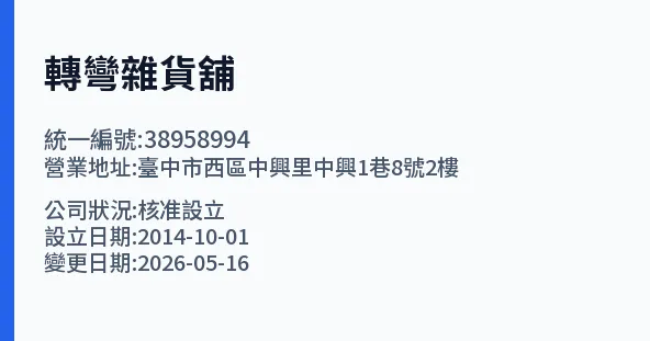 轉彎雜貨舖的照片-統編 38958994(臺中市) 公司登記資料與營業項目詳細圖表