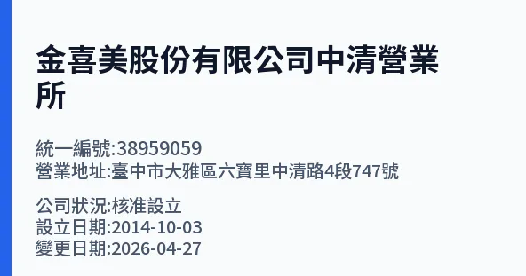 金喜美股份有限公司中清營業所的照片-統編 38959059(臺中市) 公司登記資料與營業項目詳細圖表