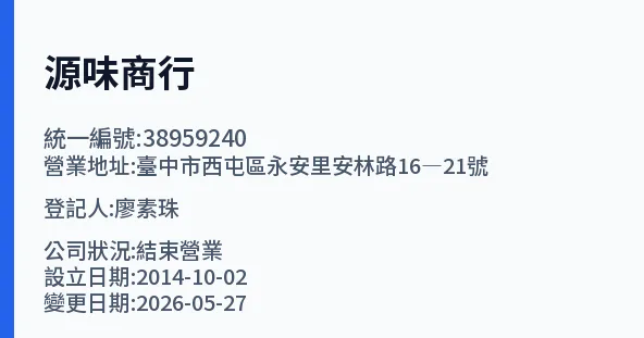 源味商行的照片-統編 38959240(臺中市) 公司登記資料與營業項目詳細圖表