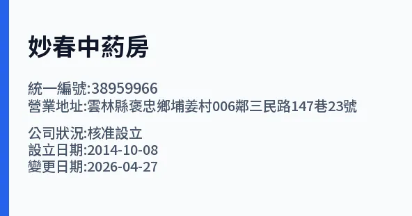妙春中葯房的照片-統編 38959966(雲林縣) 公司登記資料與營業項目詳細圖表