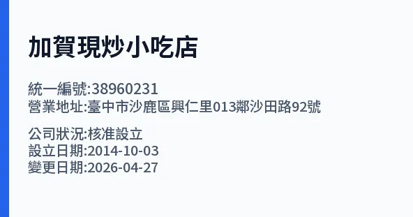 加賀現炒小吃店的照片-統編 38960231(臺中市) 公司登記資料與營業項目詳細圖表