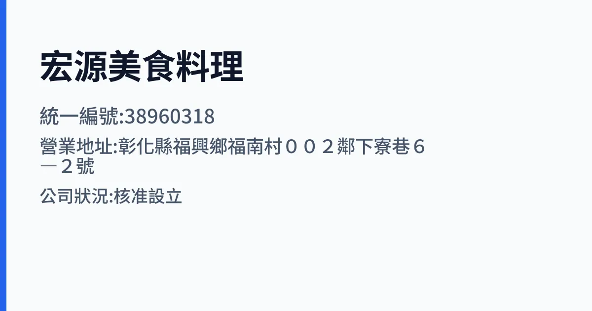 宏源美食料理 - 統編 38960318(彰化縣) 公司登記資料與營業項目詳細圖表