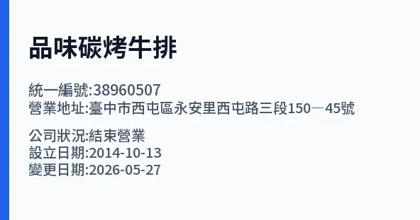 品味碳烤牛排的照片-統編 38960507(臺中市) 公司登記資料與營業項目詳細圖表
