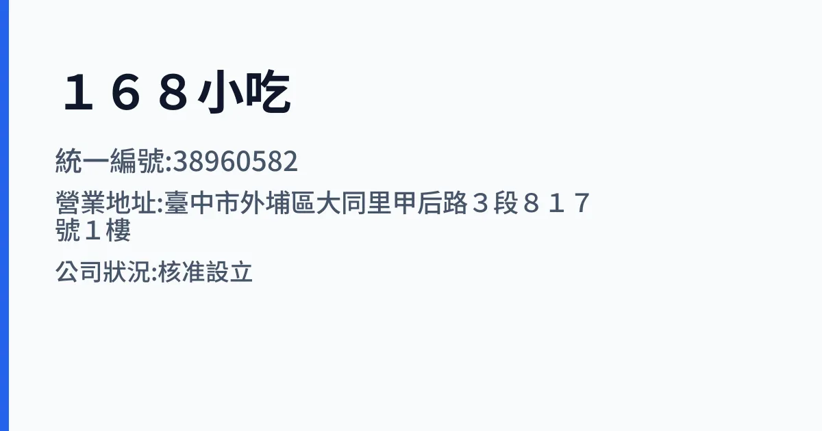168小吃 - 統編 38960582(臺中市) 公司登記資料與營業項目詳細圖表