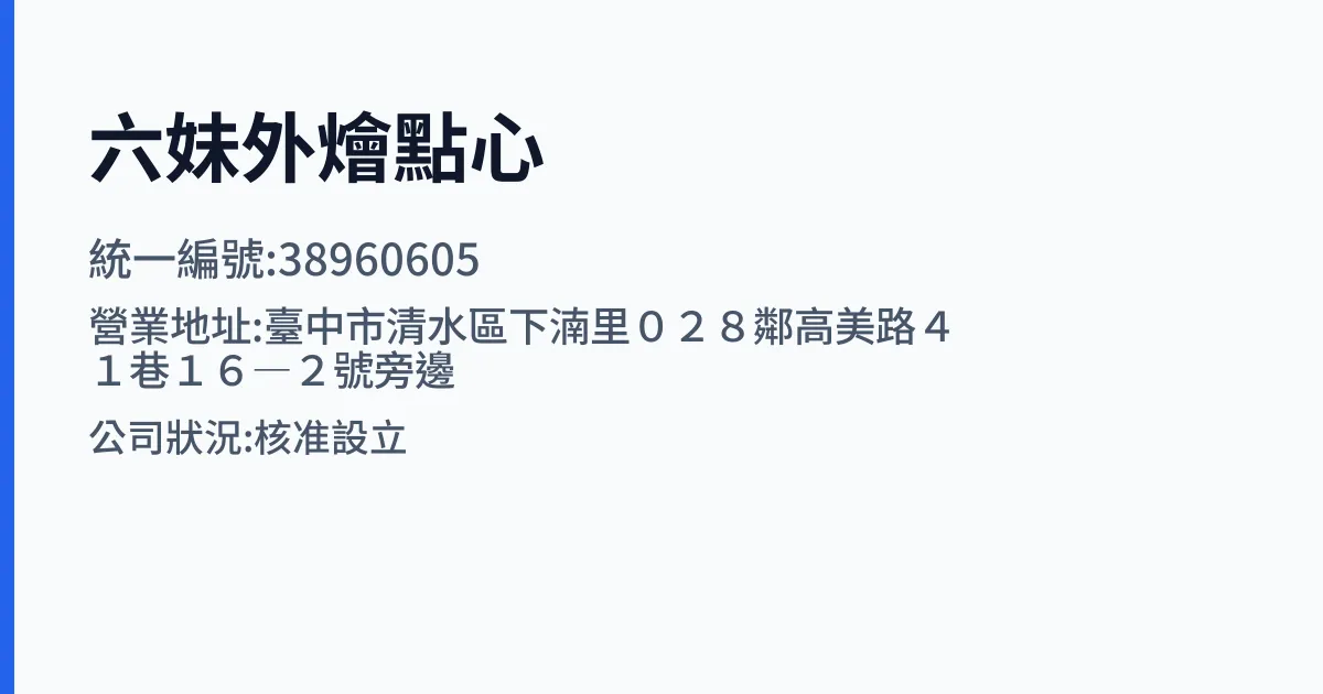六妹外燴點心 - 統編 38960605(臺中市) 公司登記資料與營業項目詳細圖表