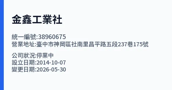 金鑫工業社的照片-統編 38960675(臺中市) 公司登記資料與營業項目詳細圖表