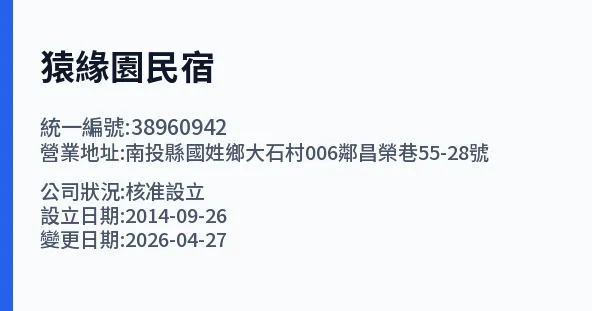 猿緣園民宿的照片-統編 38960942(南投縣) 公司登記資料與營業項目詳細圖表