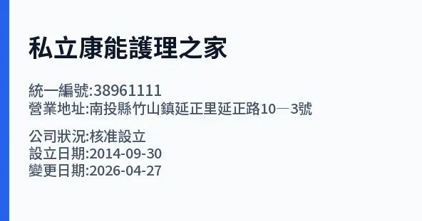 私立康能護理之家的照片-統編 38961111(南投縣) 公司登記資料與營業項目詳細圖表